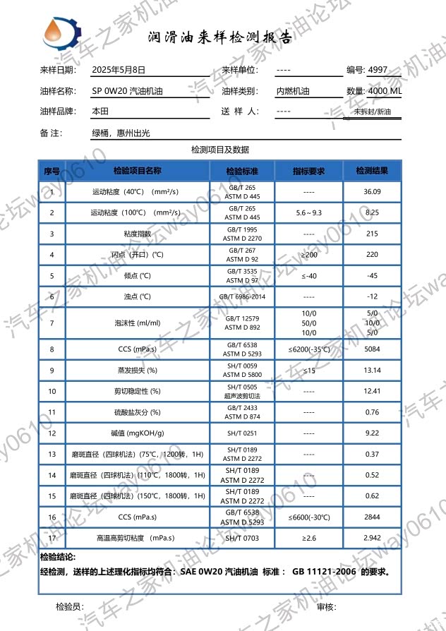 【图】机油送检-出光阿波罗APOLLOIL AP-80 0W-20_机油论坛_汽车之家论坛